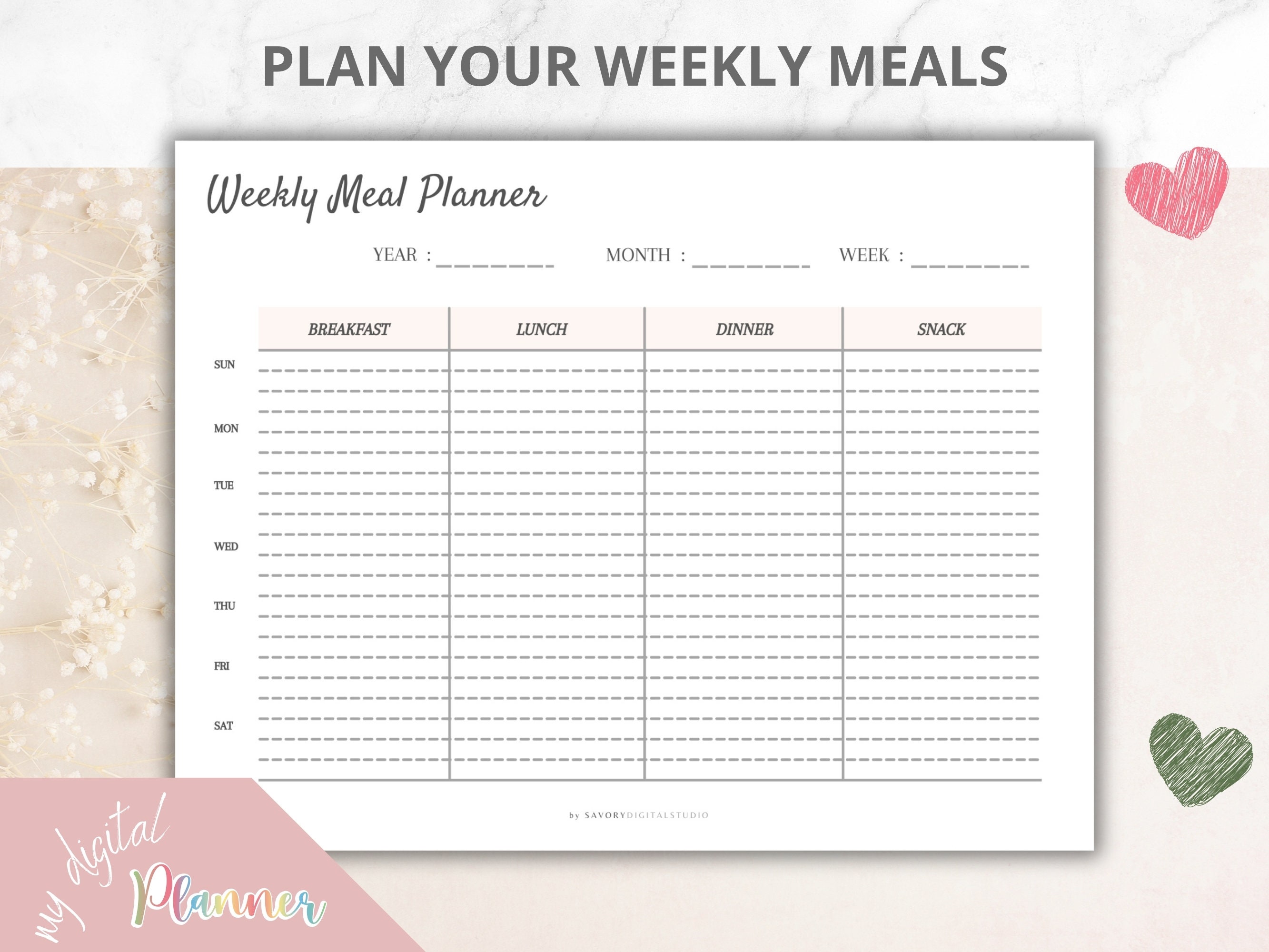 Meal Planner Printable, Grocery List, Weekly Food Diary, Digital Meal ...