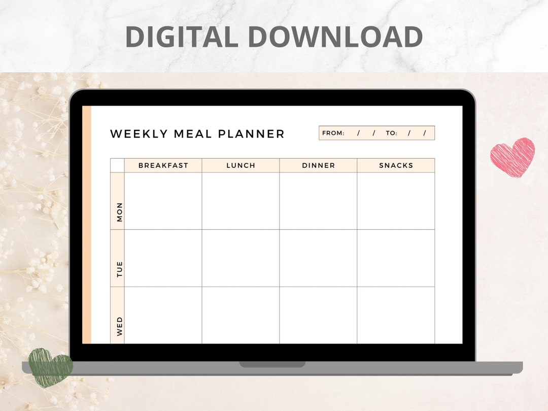 Weekly Food Diary, Meal Planner Printable, Grocery List, Digital Meal ...