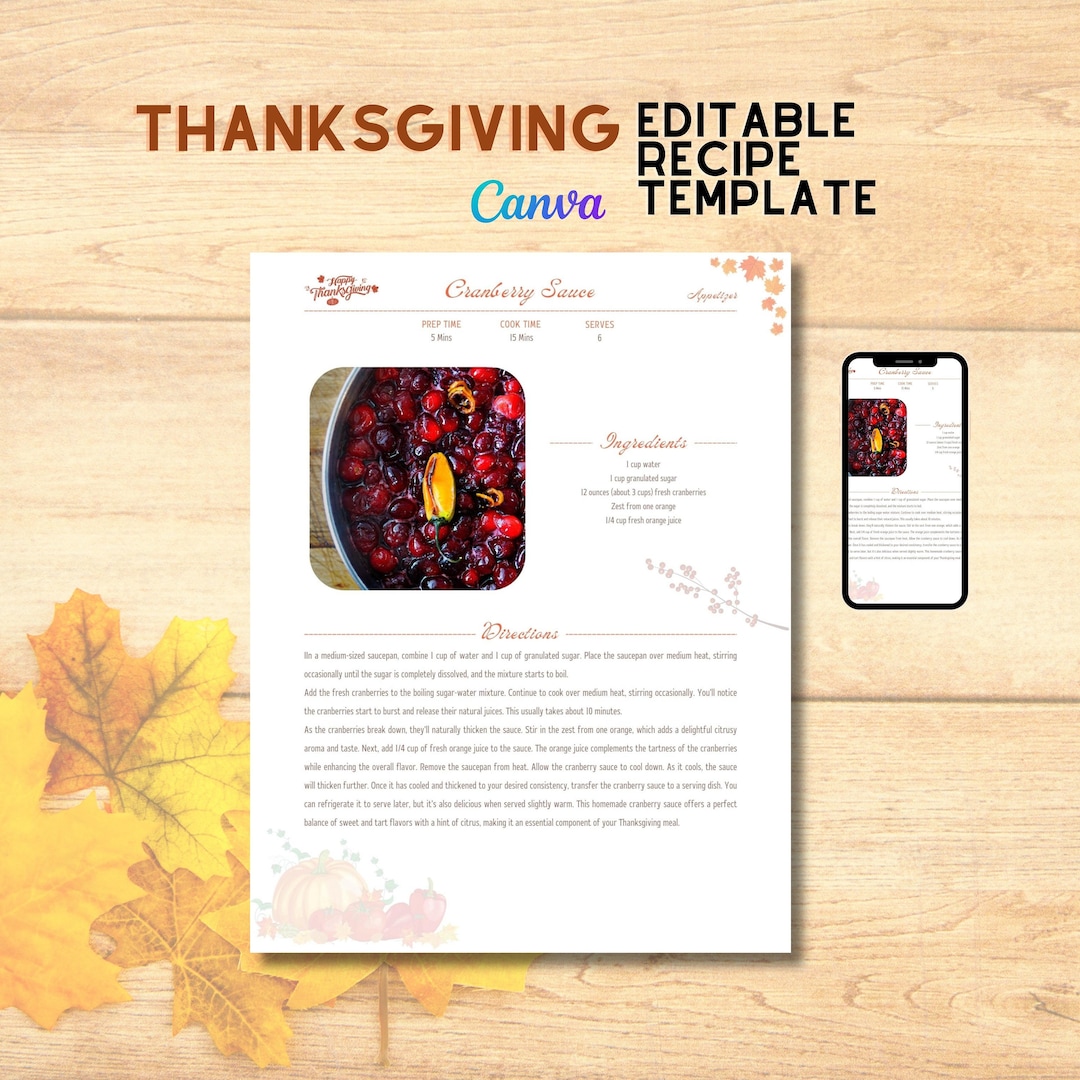Thanksgiving Recipe Template Editable Digital Recipe Card - Etsy