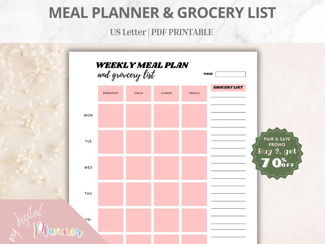 Meal Planner Printable With Grocery List, Digital Meal Planner, Grocery ...