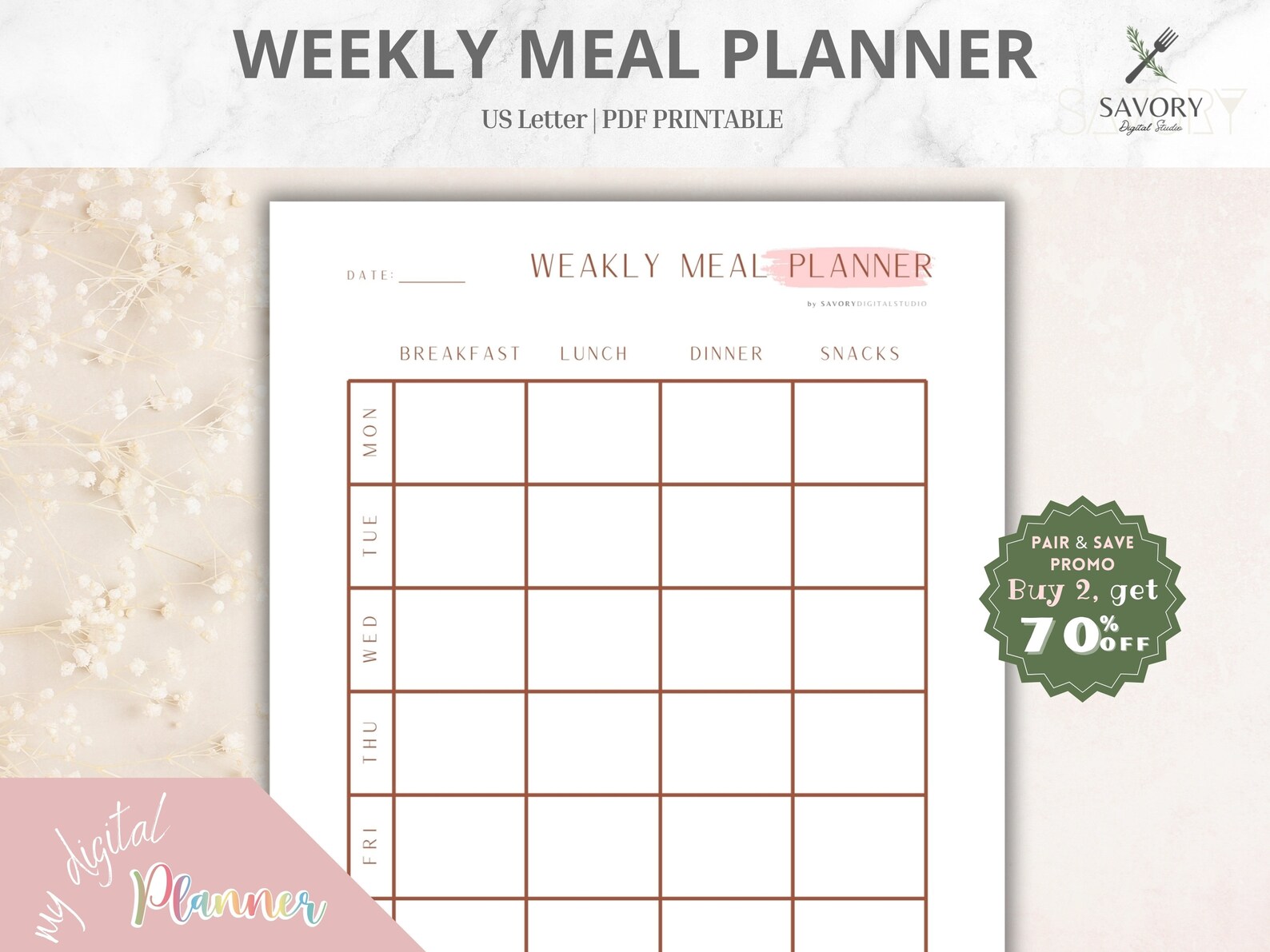 Weekly Food Diary, Meal Planner Printable, Grocery List, Digital Meal ...