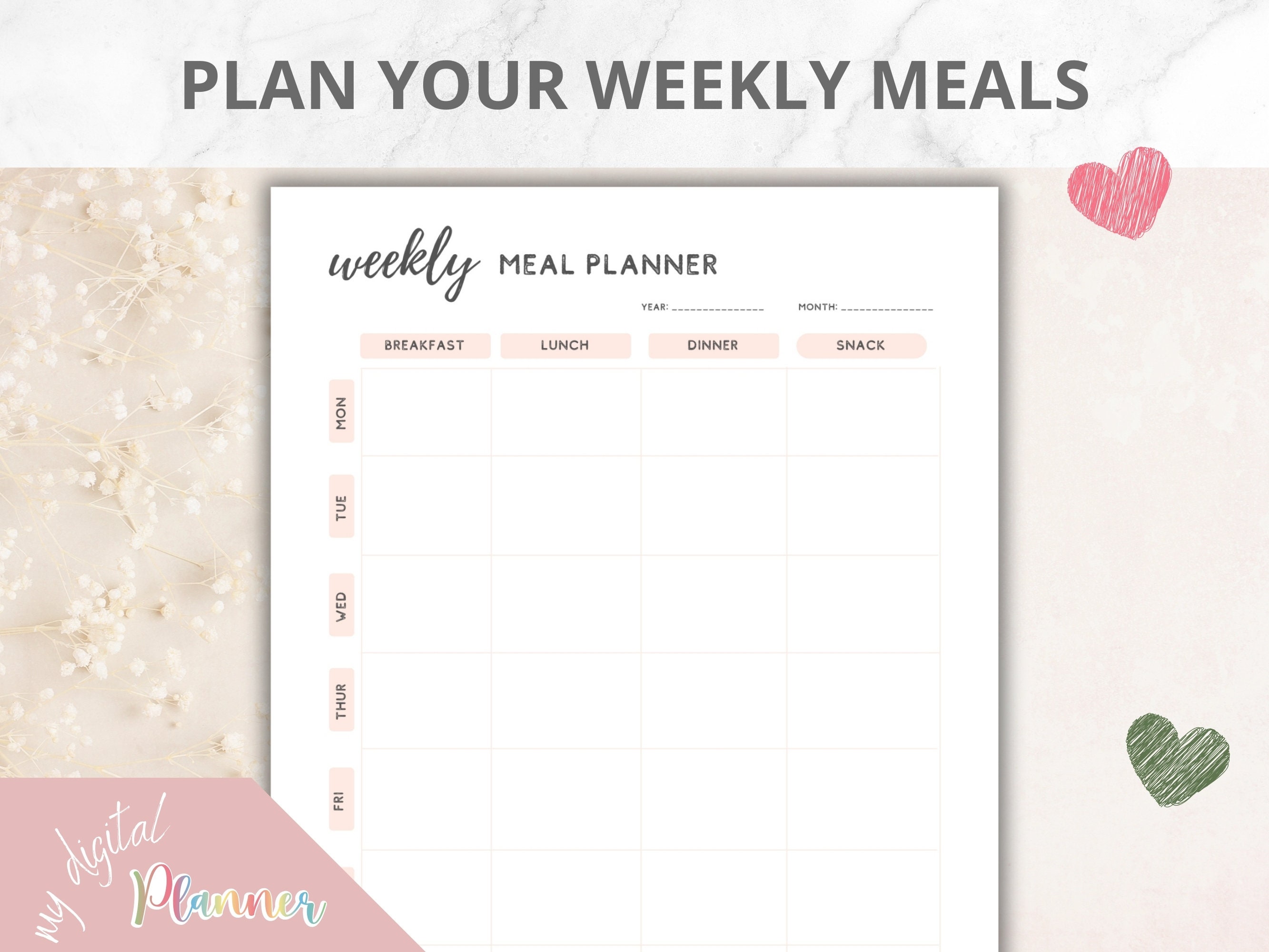 Weekly Food Diary, Meal Planner Printable, Grocery List, Digital Meal ...