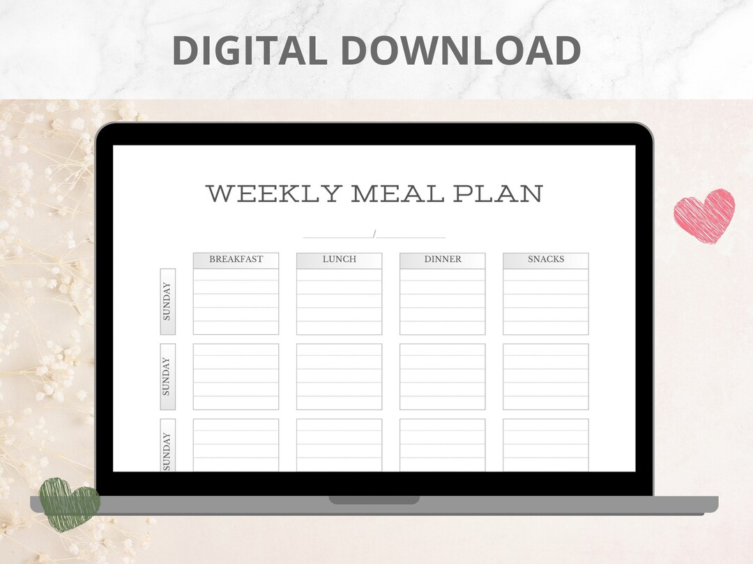 Weekly Food Diary, Meal Planner Printable, Grocery List, Digital Meal ...