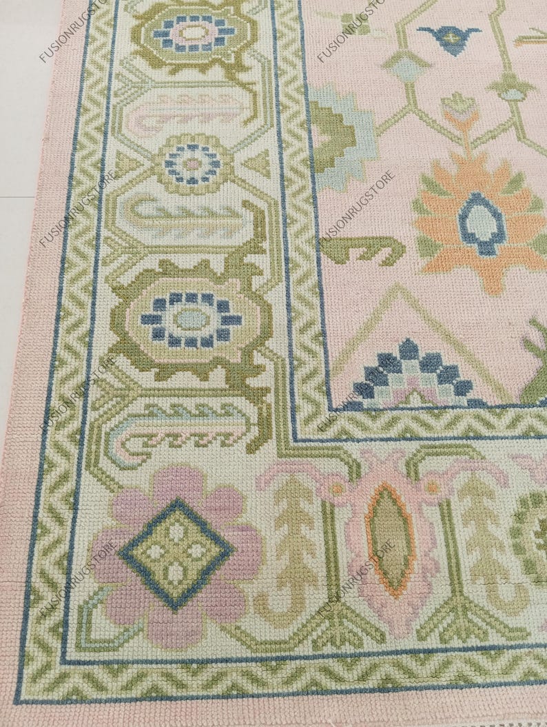 9x12 Pink and Olive Green Oushak Rug | Hand Knotted Turkish Wool Carpet ...