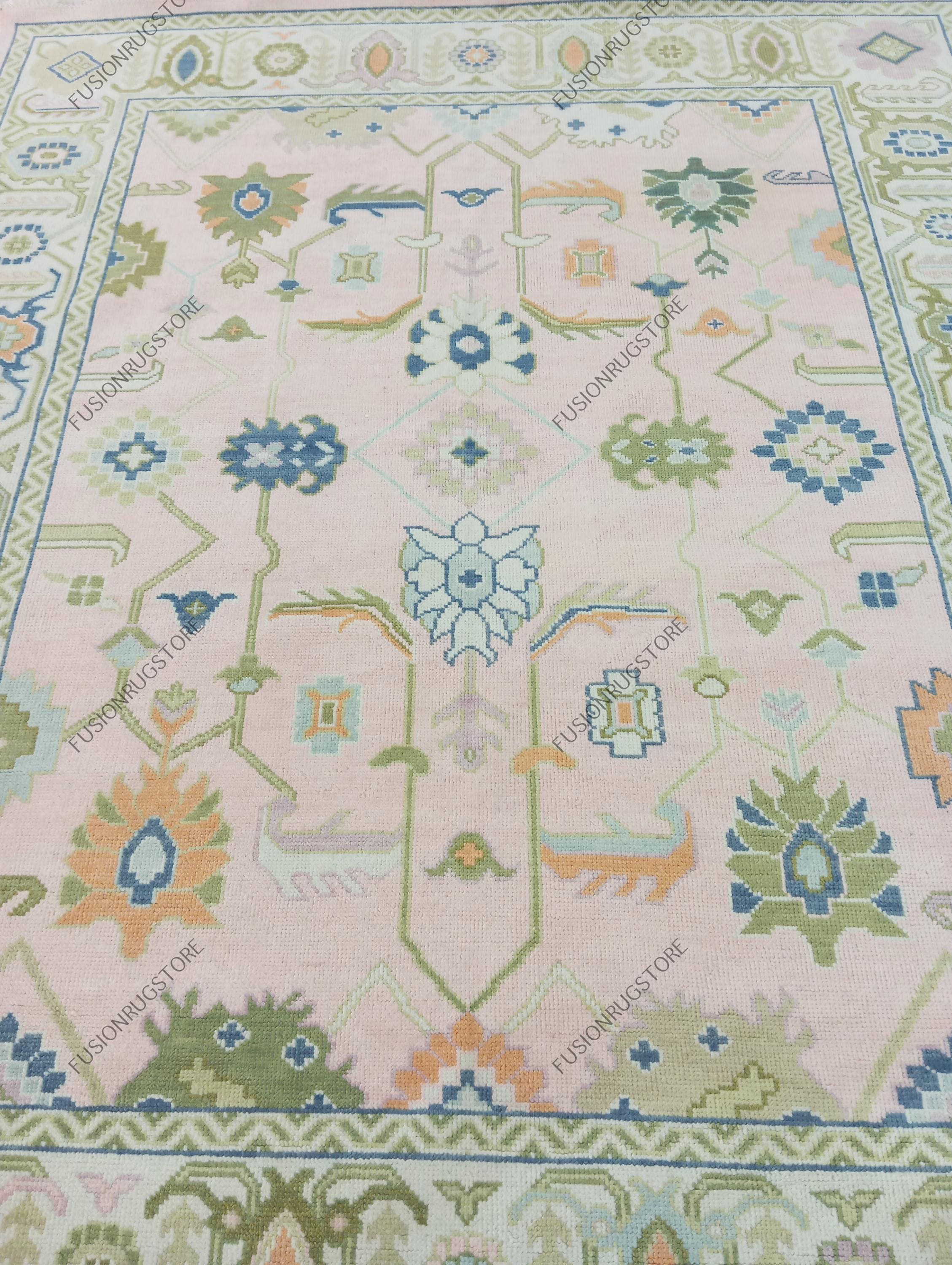 9x12 Pink and Olive Green Oushak Rug | Hand Knotted Turkish Wool Carpet ...