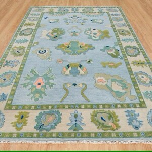9'X12' Blue and Green Rug, Oushak Rug With Ivory, Olive Green & Light ...