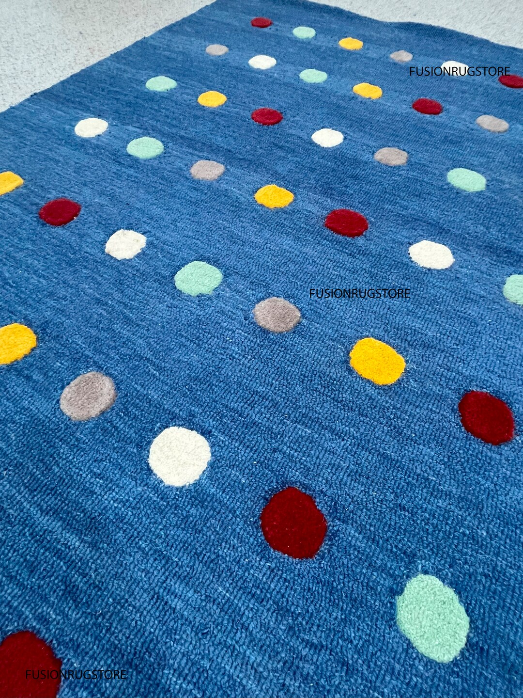 Blue Polka Dot Wool Rug Luxury Area Rug Hand-tufted 100% Wool Handmade ...