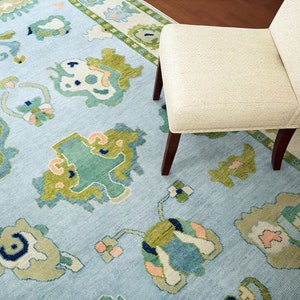 9'X12' Blue and Green Rug, Oushak Rug With Ivory, Olive Green & Light ...