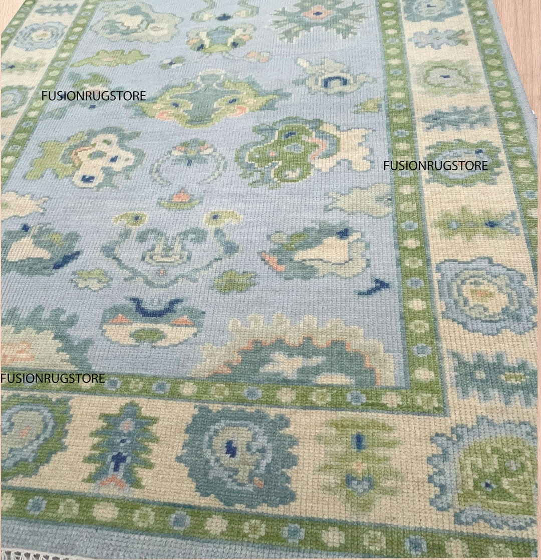9'X12' Blue and Green Rug, Oushak Rug With Ivory, Olive Green & Light ...