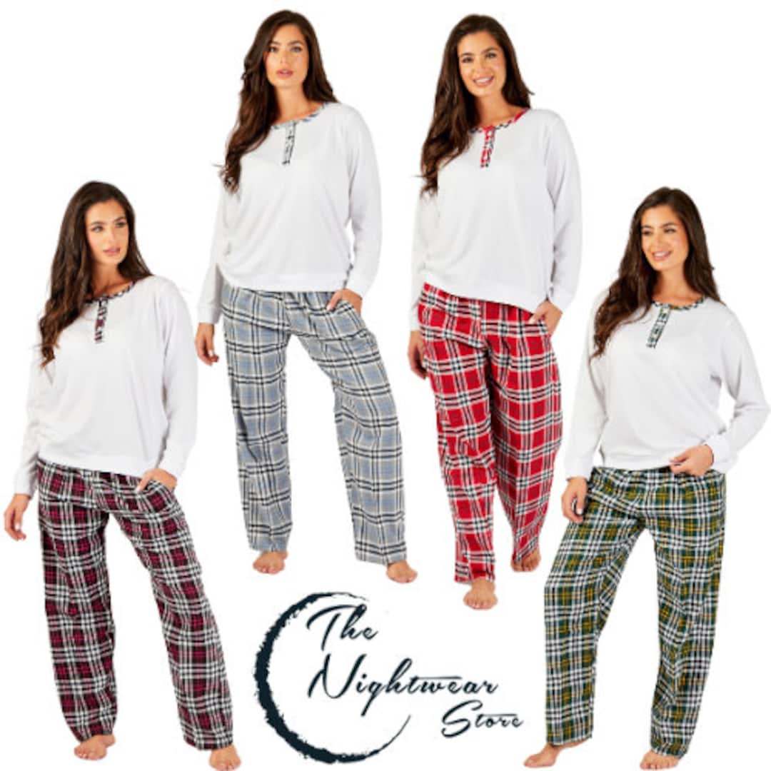Womens Pyjama Sets Cotton Nightwear Checked Long Sleeve Top and Pants ...