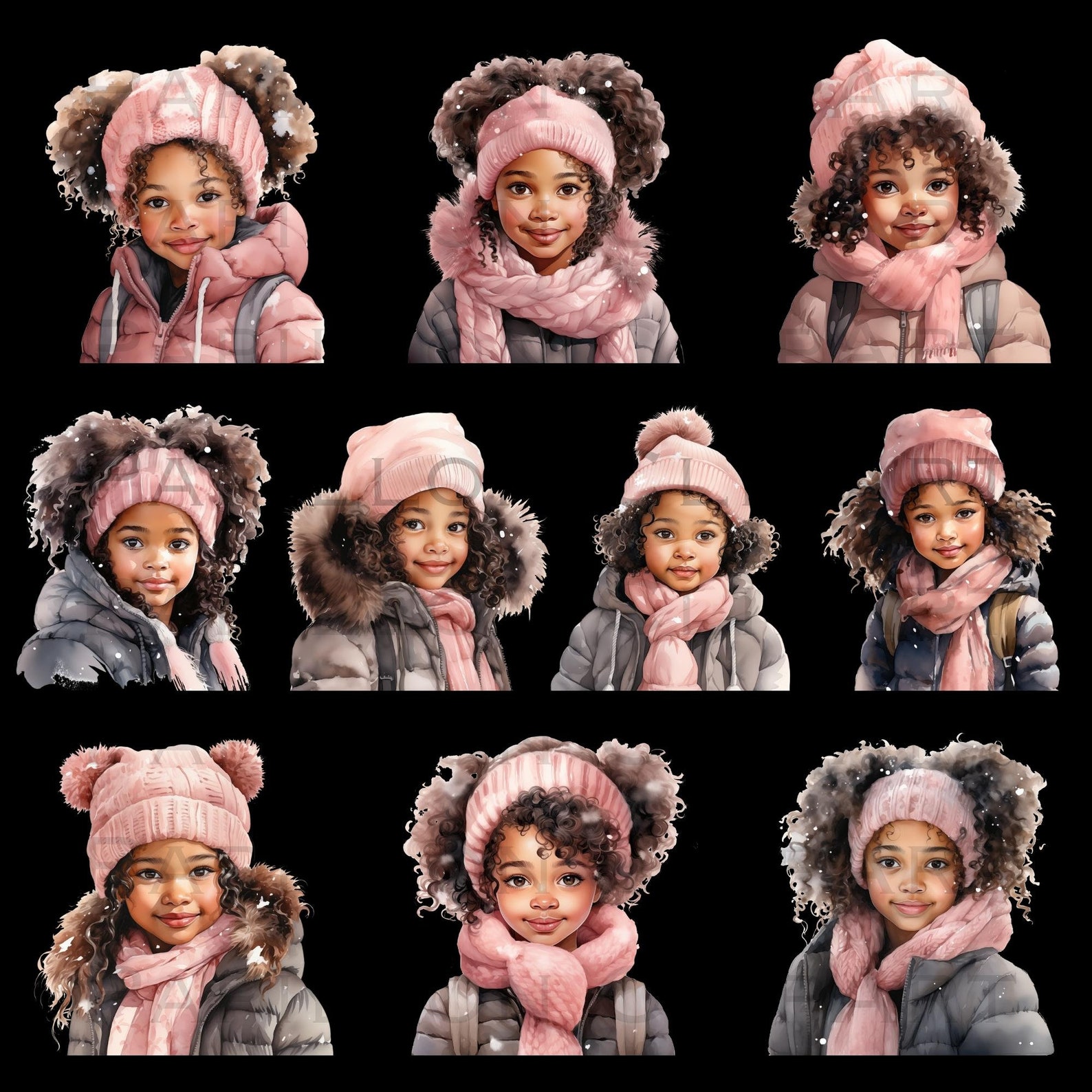 Pink Winter Girl Clipart Bundle 10 Transparent PNG L Watercolor Black ...