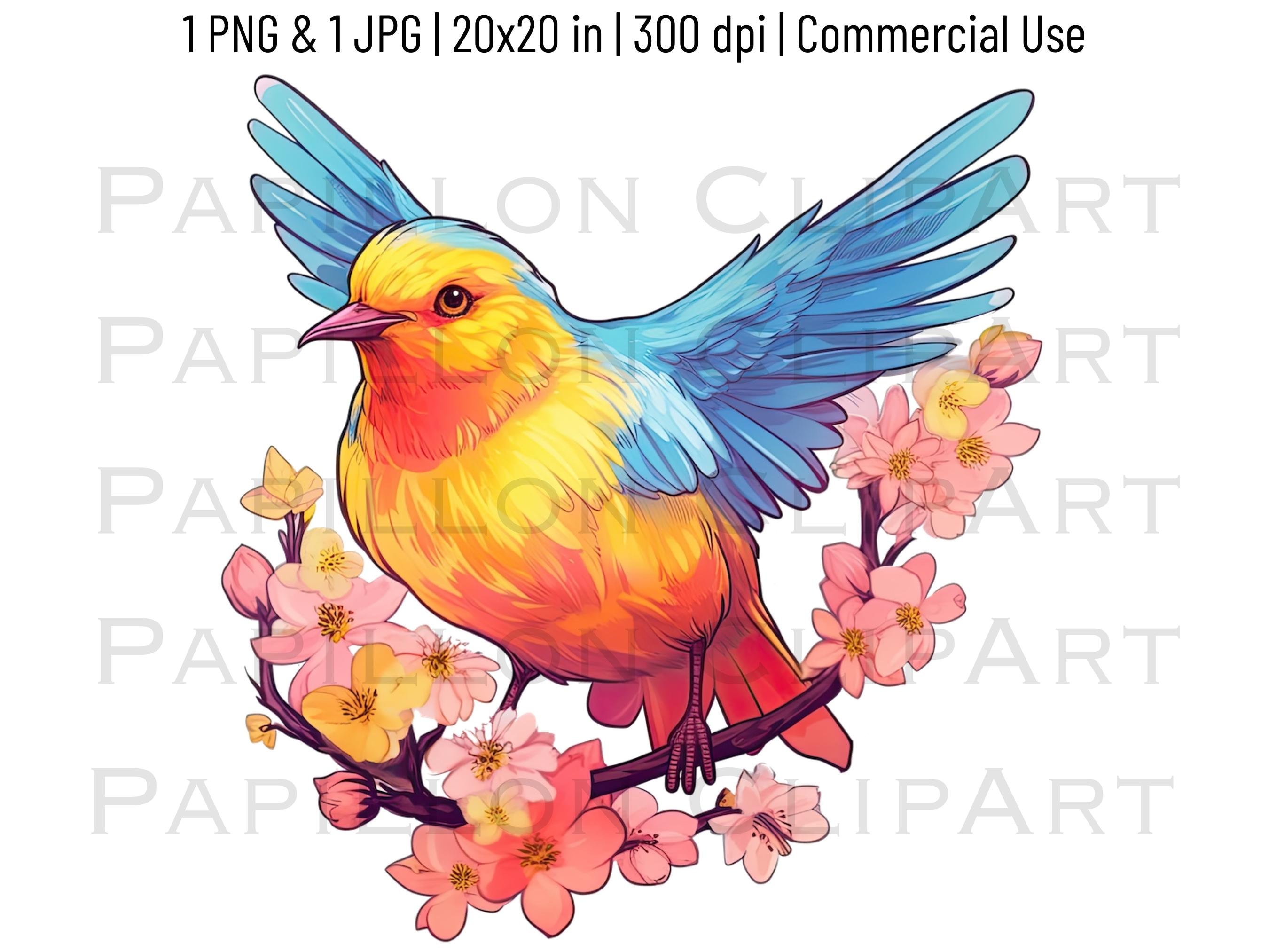 Blue Yellow Bird Watercolor Clipart | Bird With Cherry Blossom ...