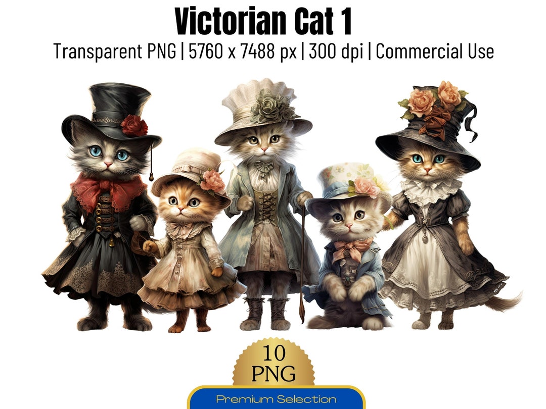 Victorian Cat Clipart 1 | 10 Transparent PNG L High Quality Watercolor ...