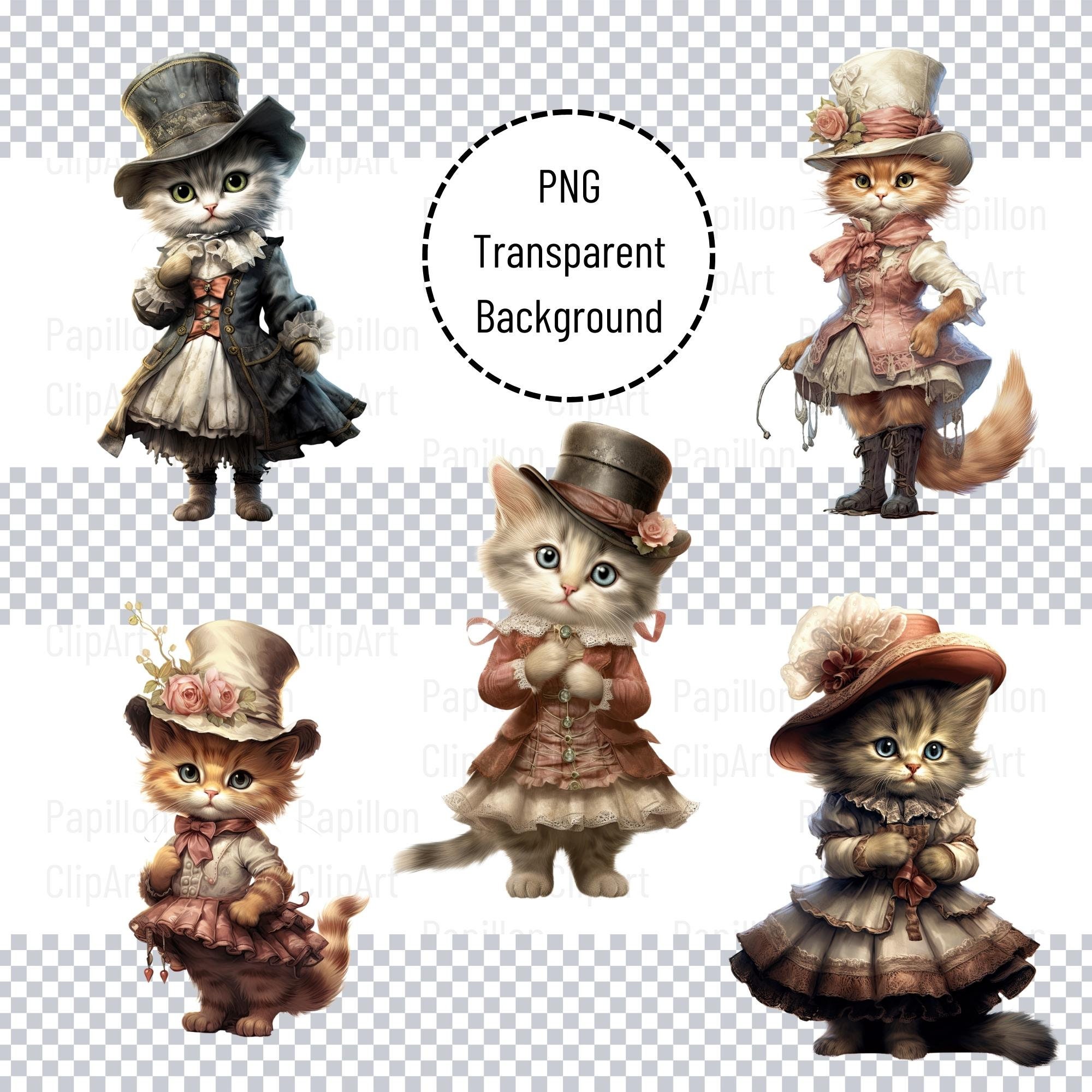 Victorian Cat Clipart 2 | 10 Transparent PNG L High Quality Watercolor ...