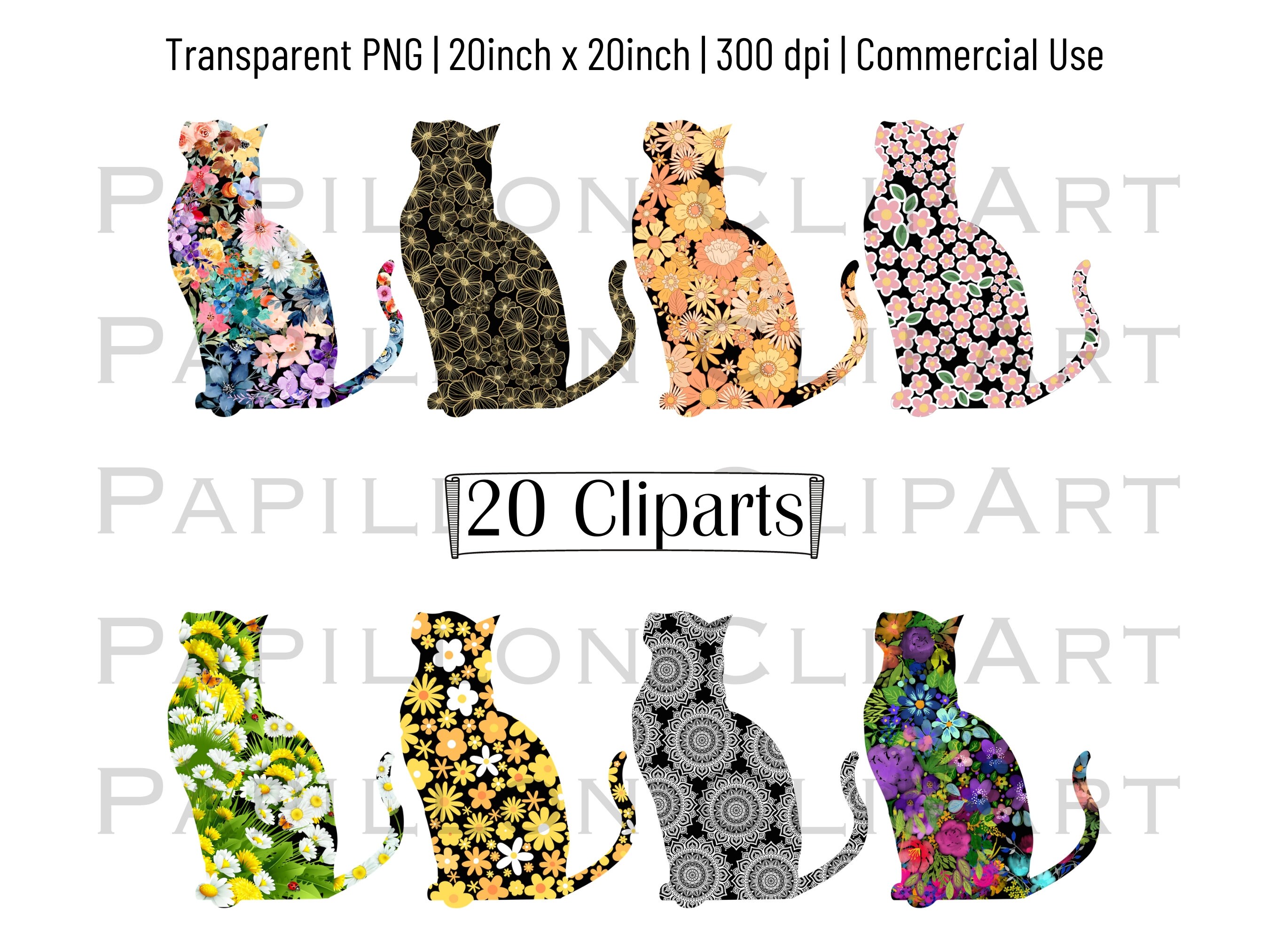 Floral Cat Silhouette Clipart Bundle 20 Transparent PNG L Watercolor ...