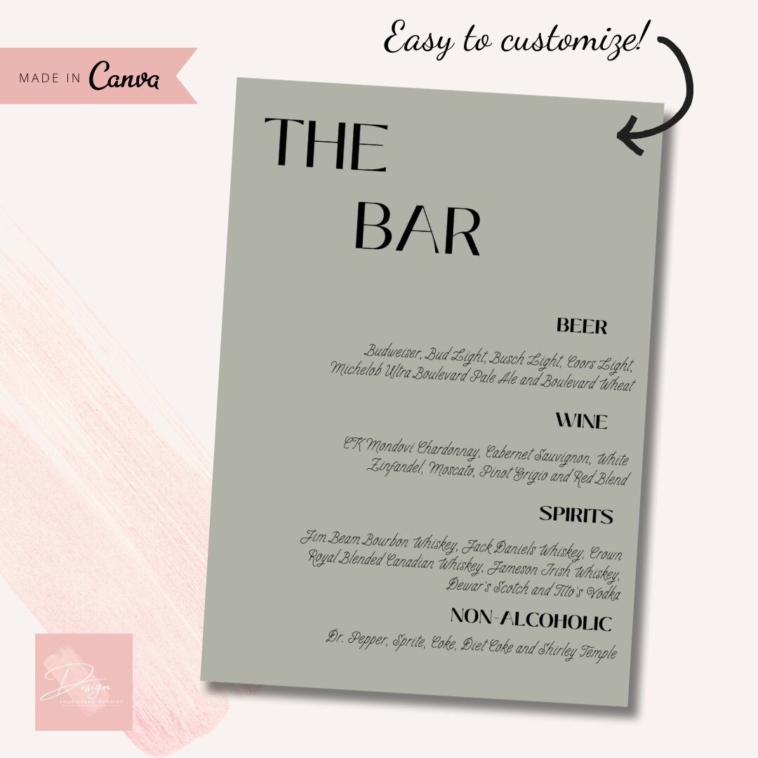 Plantilla descargable del letrero del menú de la barra de bodas ...
