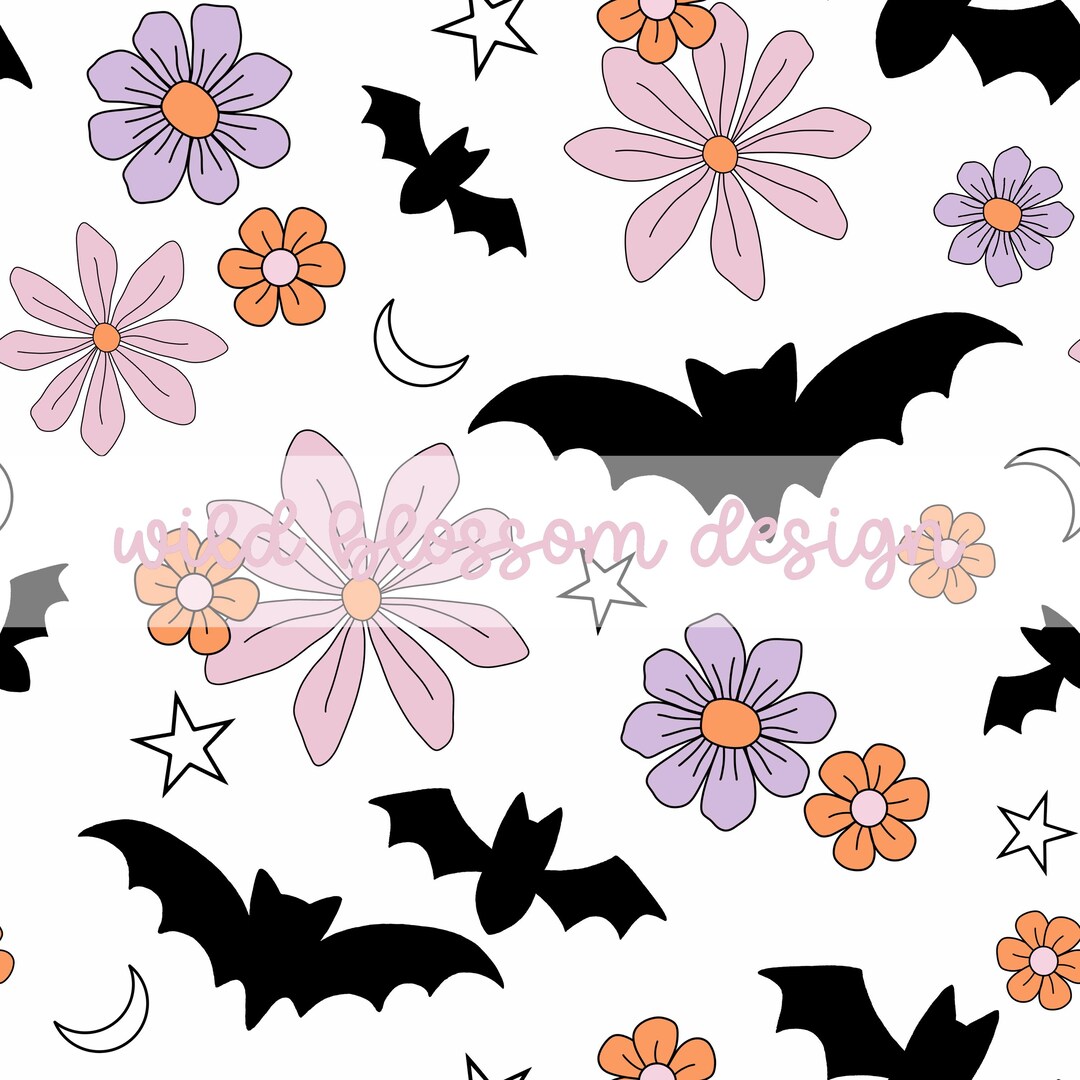 Halloween Retro Groovy Floral Bats With Stars & Moons Seamless ...