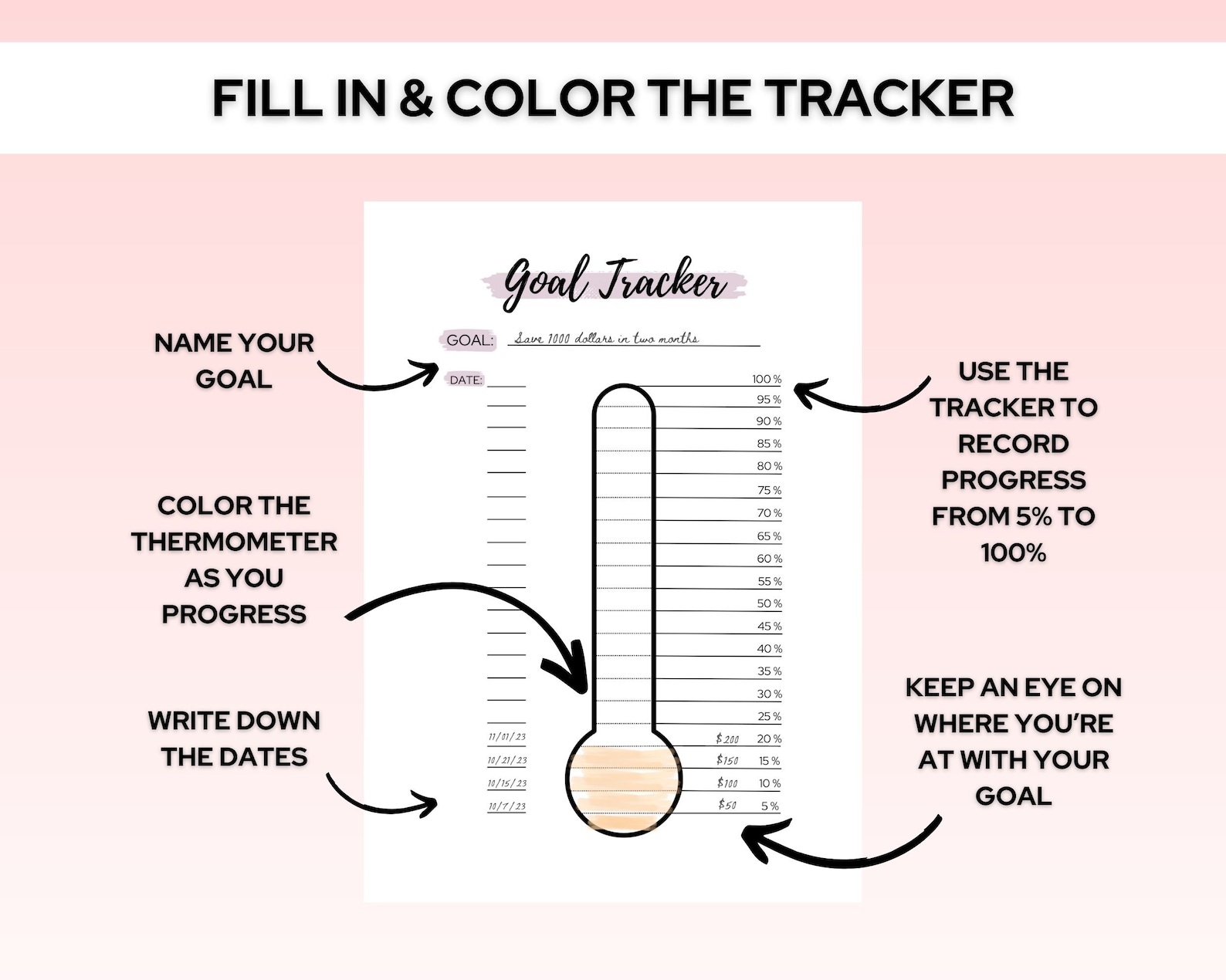 Thermometer Goal Tracker, Goal Setting Thermometer, Fundraising ...