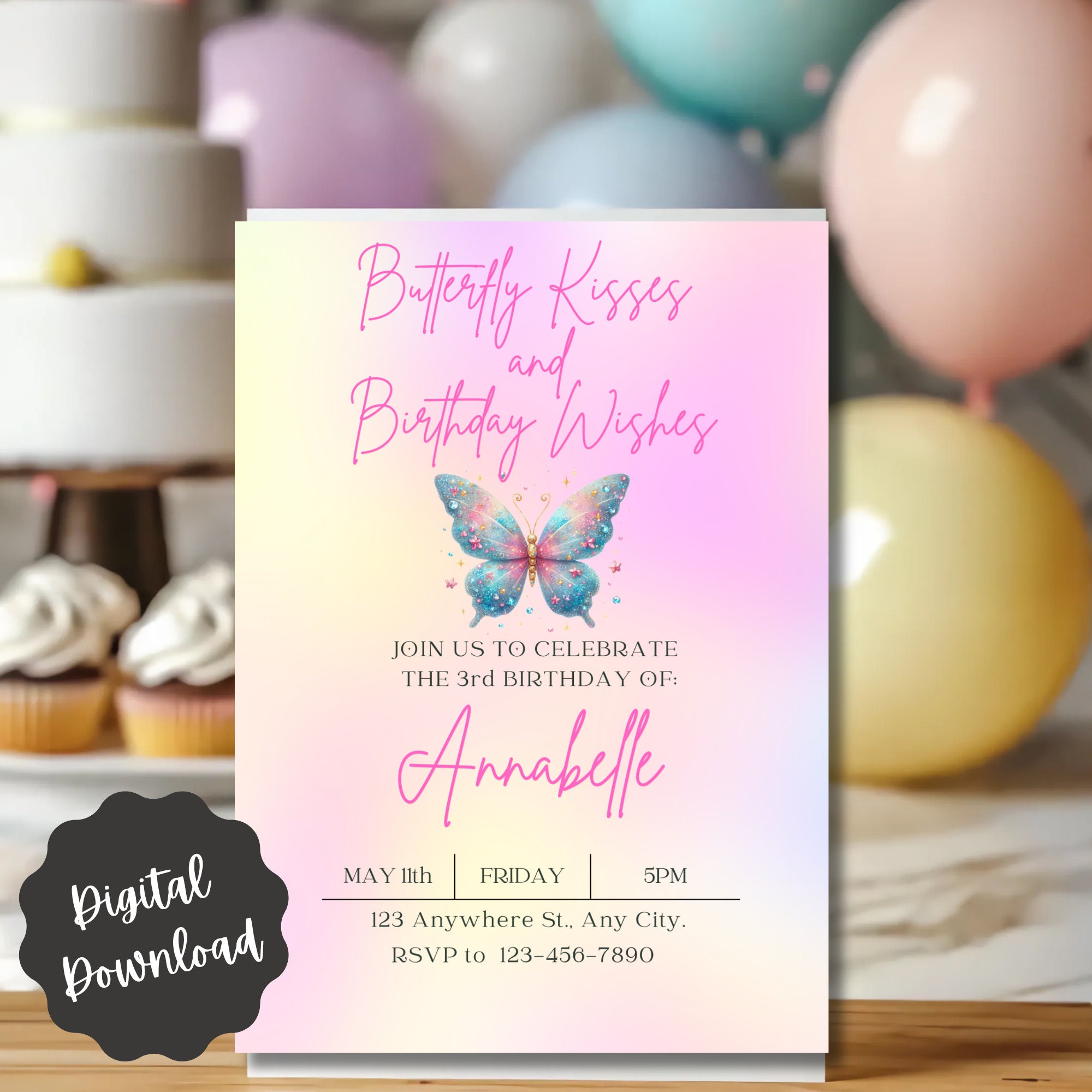 Digital Butterfly Kisses Party Birthday Invitation Butterfly Party ...
