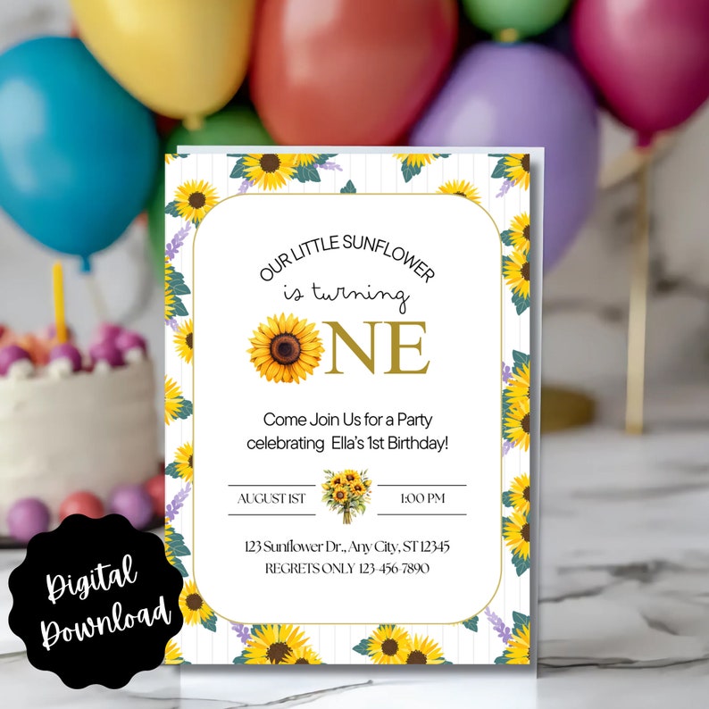 Digital Sunflower 1st Birthday Invitation Party Invitation Girl ...