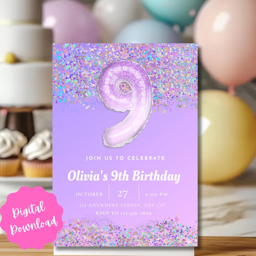 Digital Birthday Balloon Invitation Confetti Balloons 9th Party ...