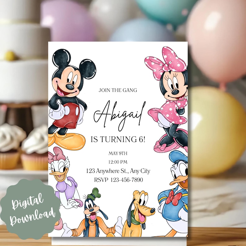 Digital Mickey Mouse Gang Party 4x6 Birthday Invitation Walt Disney ...