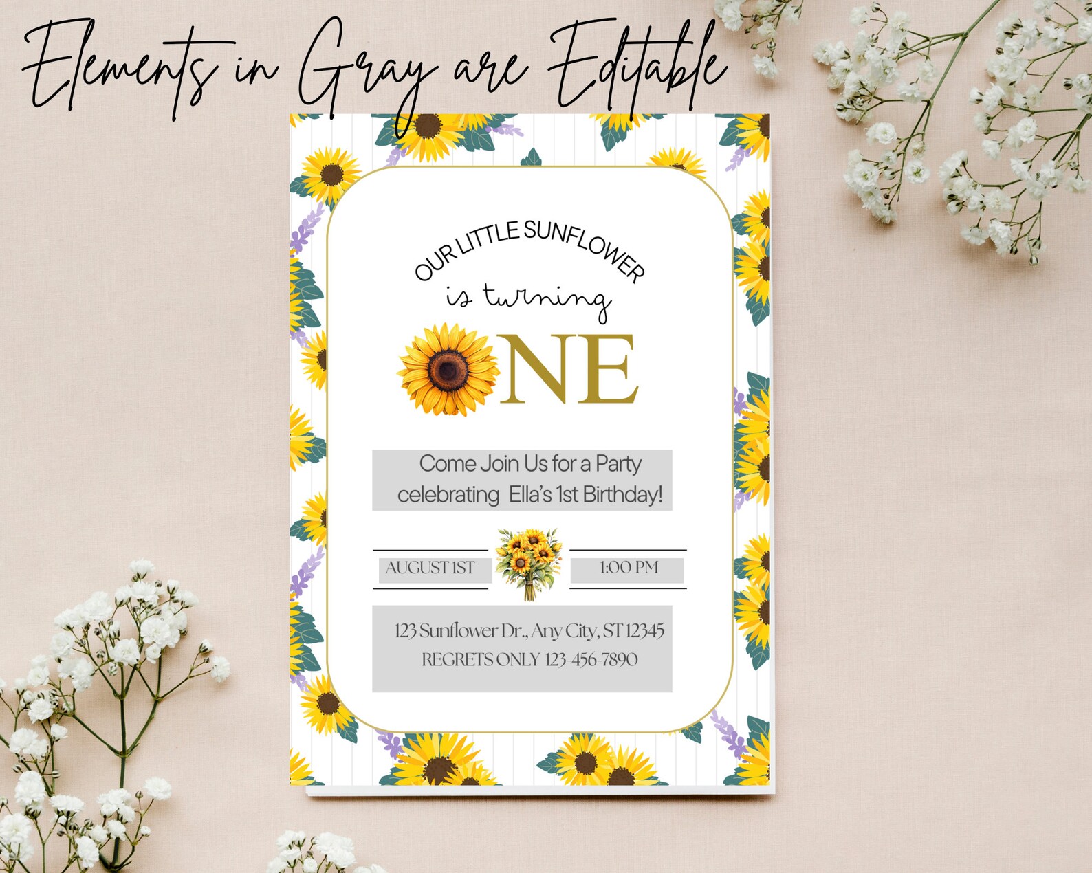Digital Sunflower 1st Birthday Invitation Party Invitation Girl ...