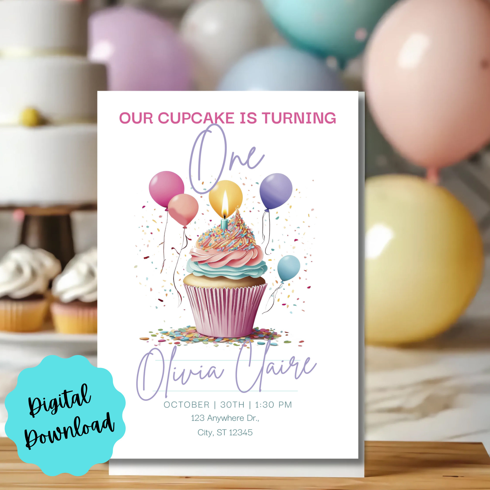 Digital Cupcake Birthday Invitation Party Invitation Girl Birthday ...
