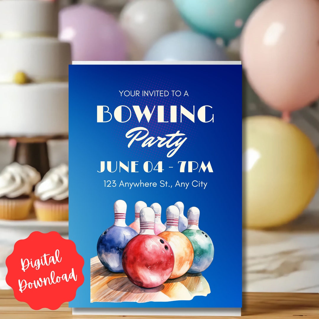Digital Bowling Party Birthday Invitation Bowling Ball Bowling Pins ...