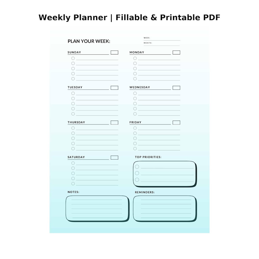 Weekly Planner | Blue Digital Planner | Fillable PDF | Printable Weekly ...