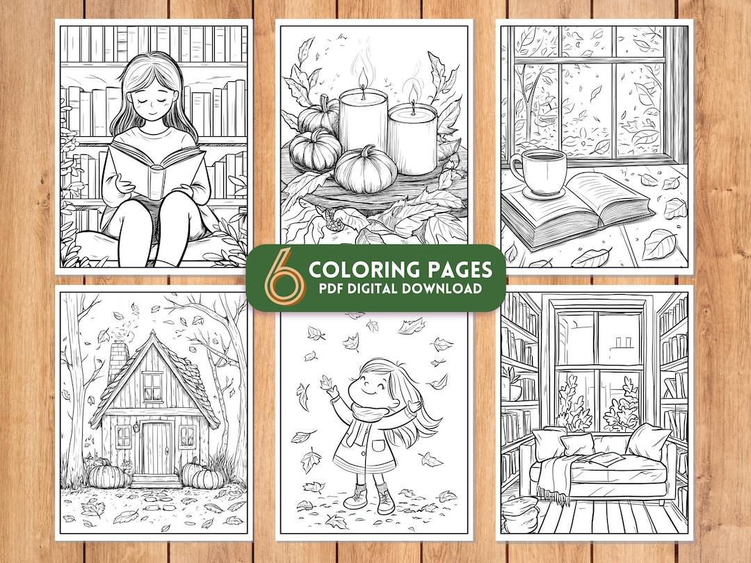 Cozy Autumn Coloring Book, Cute Fall Coloring Pages for Adults, 6 Cozy ...