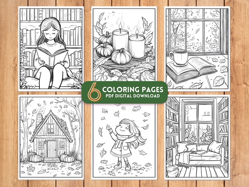 Cozy Autumn Coloring Book, Cute Fall Coloring Pages for Adults, 6 Cozy ...
