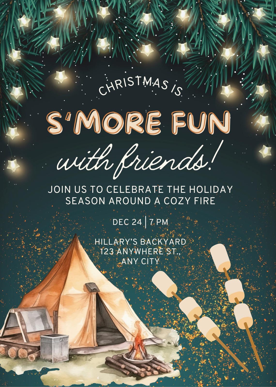 Campfire Christmas Editable Invitation Template S'mores Party for ...