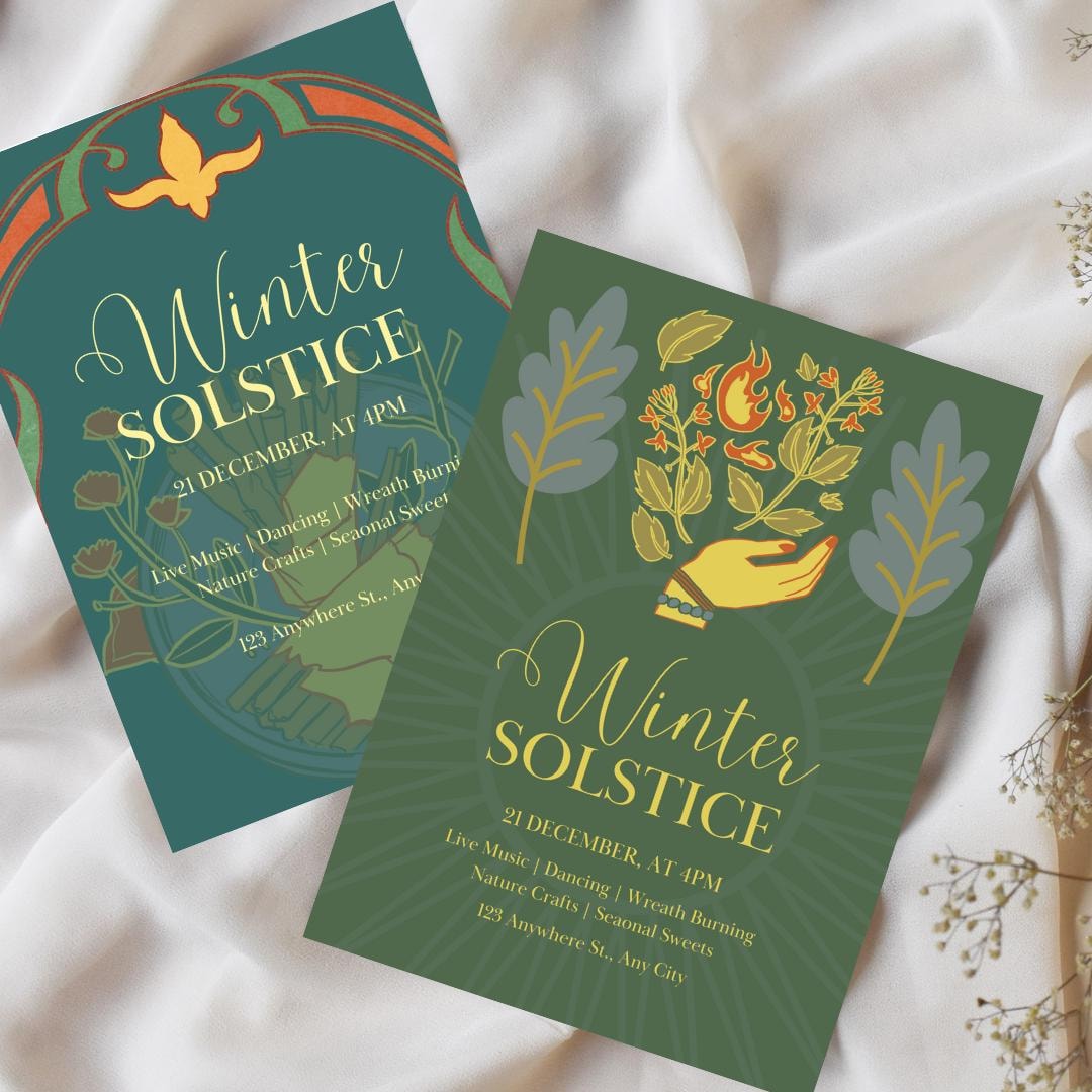 Winter Solstice Editable Party Invitation 2-pack Canva Design Art ...