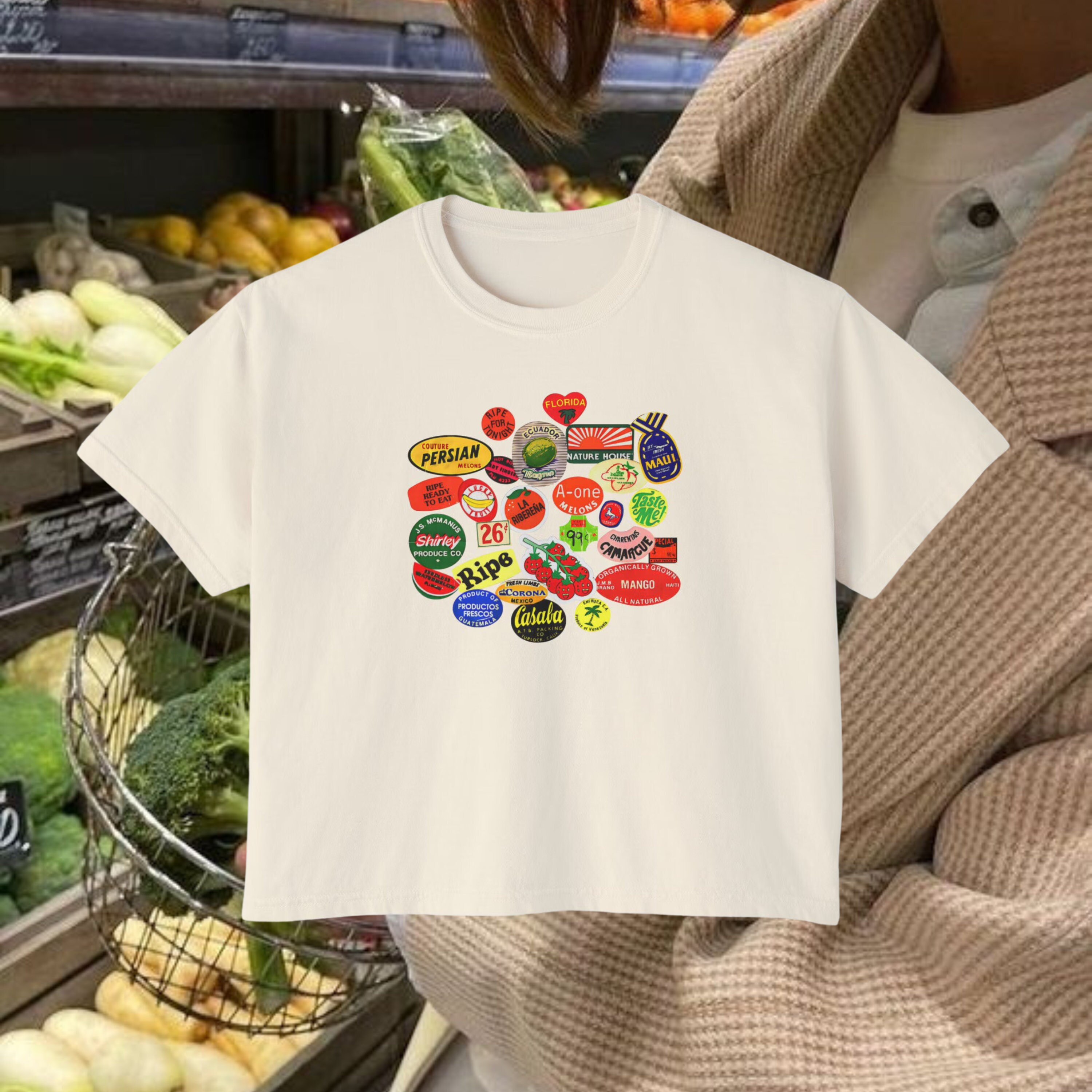 Fruit Sticker Boxy Tee, Y2K Trendy Crop Collage Style Shirt, Vintage ...