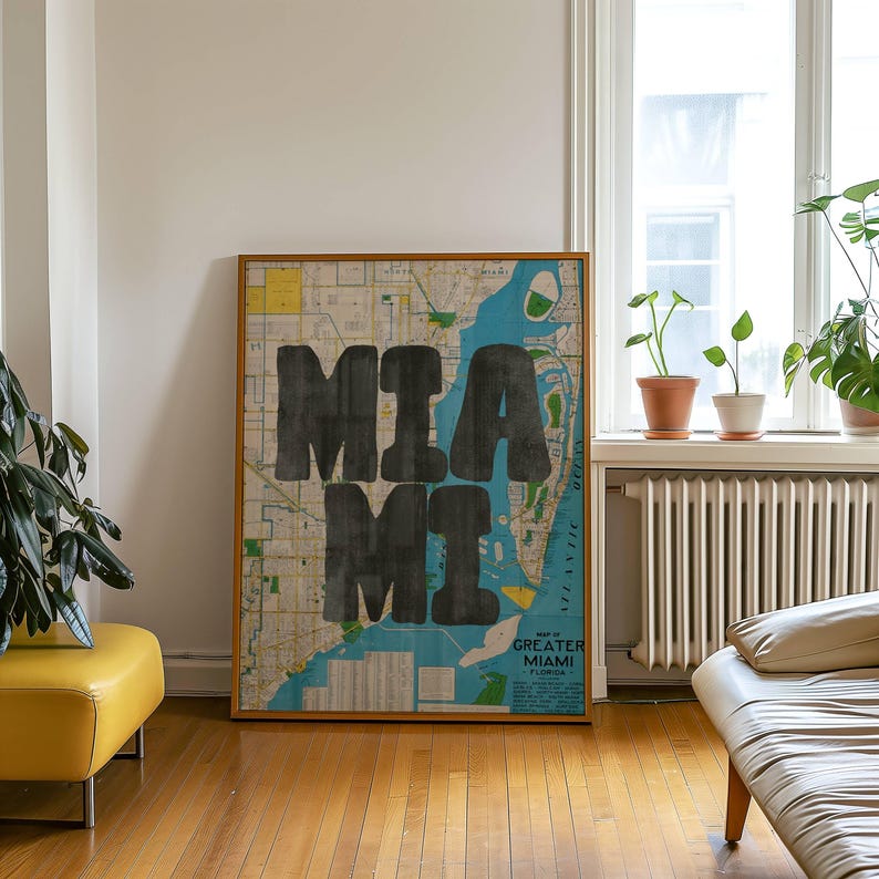 Miami Map Wall Art, MIA Florida Print Poster, Vintage Miami Map Print ...