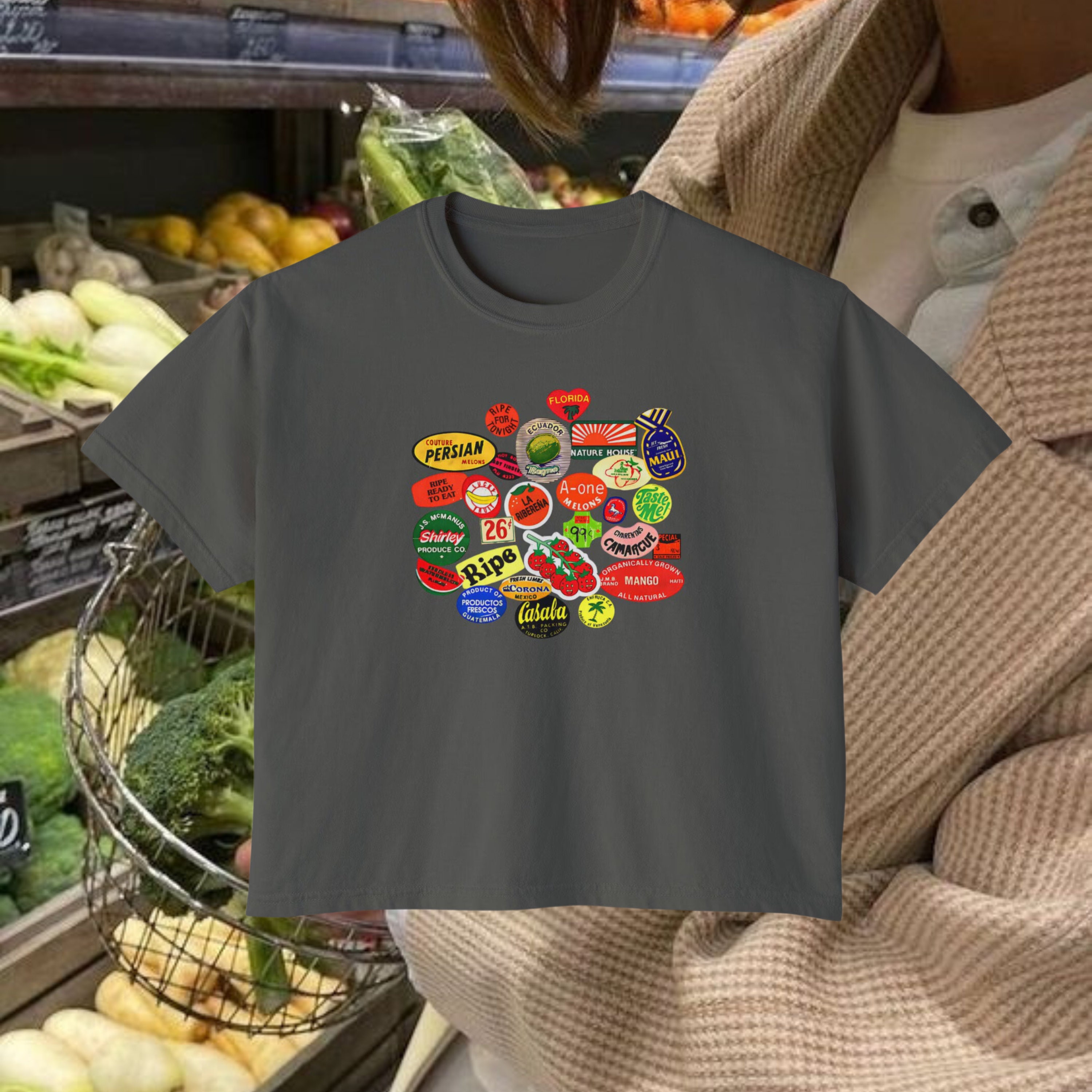 Fruit Sticker Boxy Tee, Y2K Trendy Crop Collage Style Shirt, Vintage ...