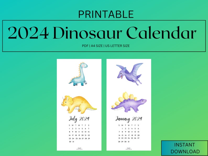 2024 Water Colour Dinosaur Calendar Kids Room Calendar Digital Kids ...