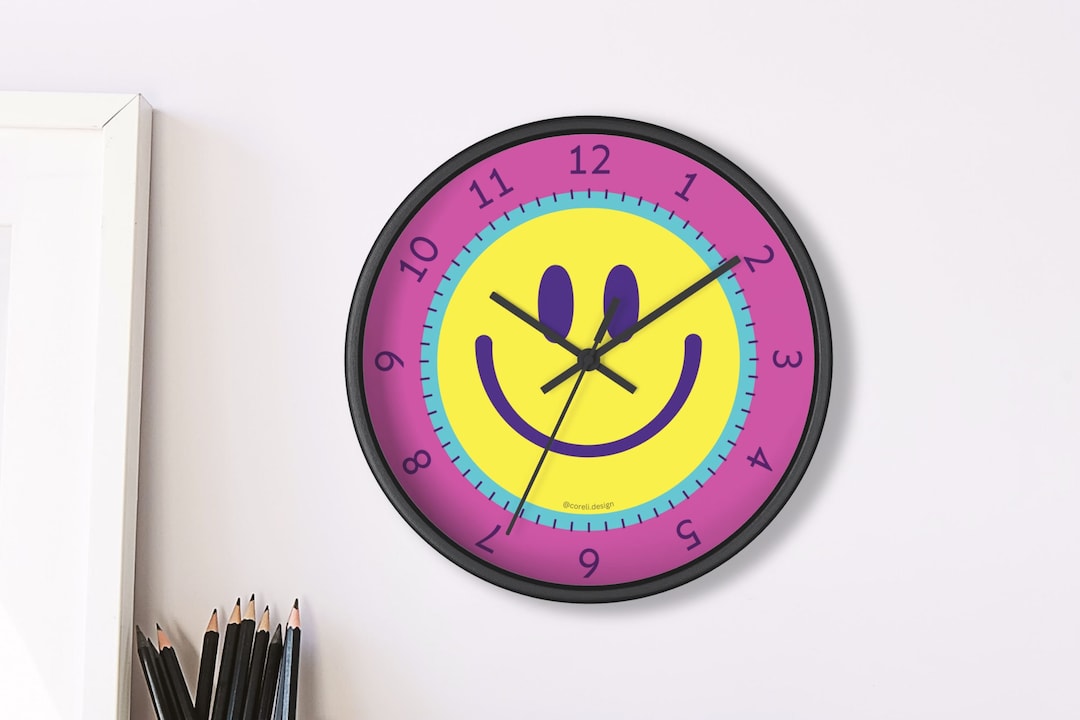 Happy Vibes Wall Clock Pink and Yellow Wall Clock Emoji - Etsy