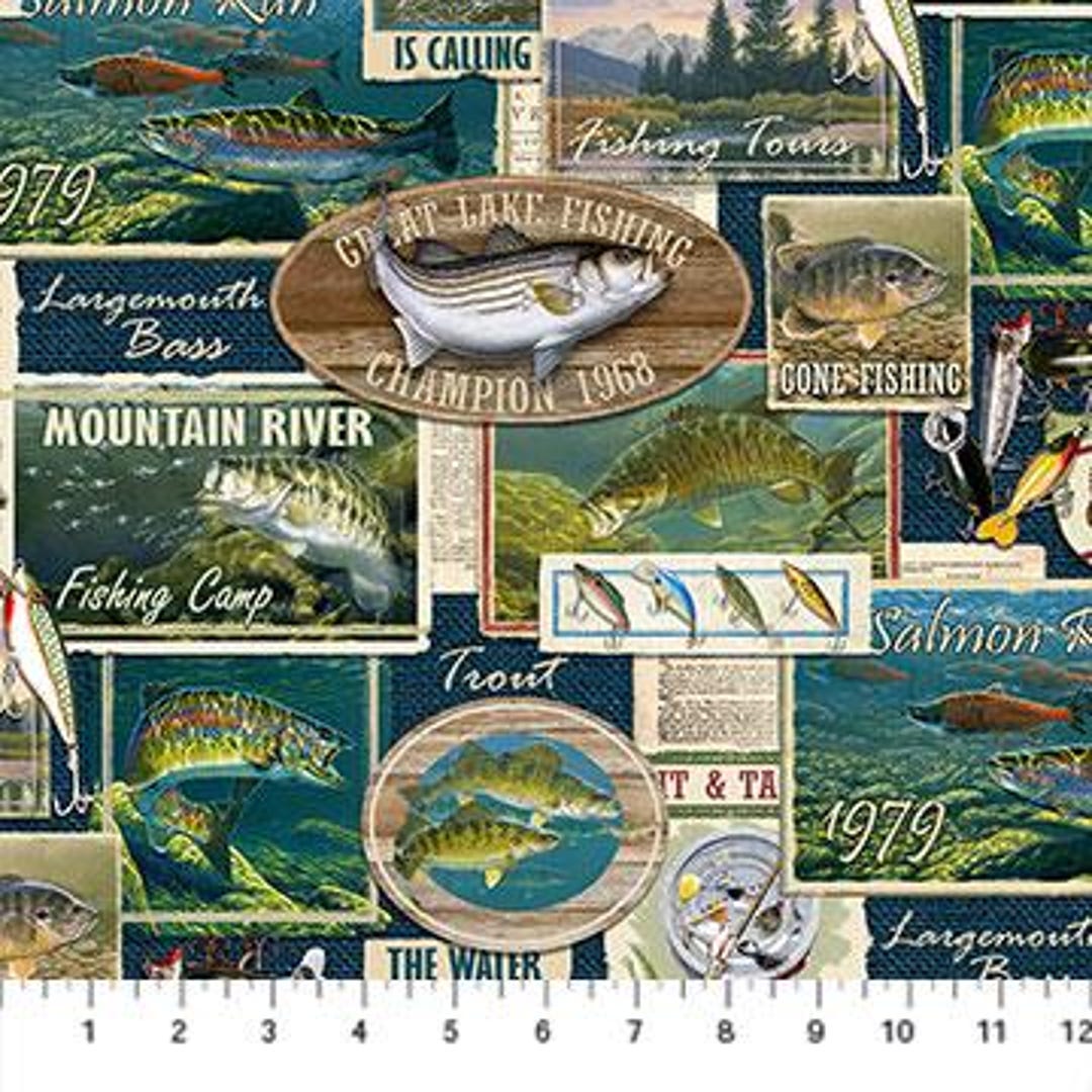 Hooked by Northcott Fabrics Fish Labels Fabric (DP24459-49) Sold by the ...