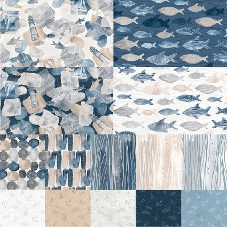 P&B Textiles Set Sail Motif Linework Toss Blue - Dianne Sews and More