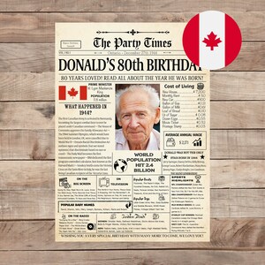 80th Birthday Newspaper Poster CANADA A4, Custom 80th Birthday Gift for ...