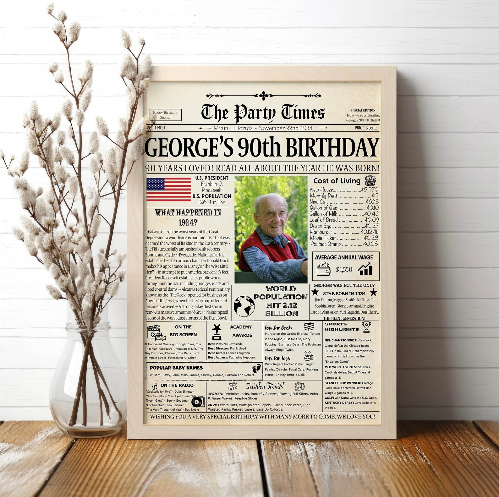 90th Birthday Newspaper Poster USA A4, Custom 90th Birthday Gift for ...