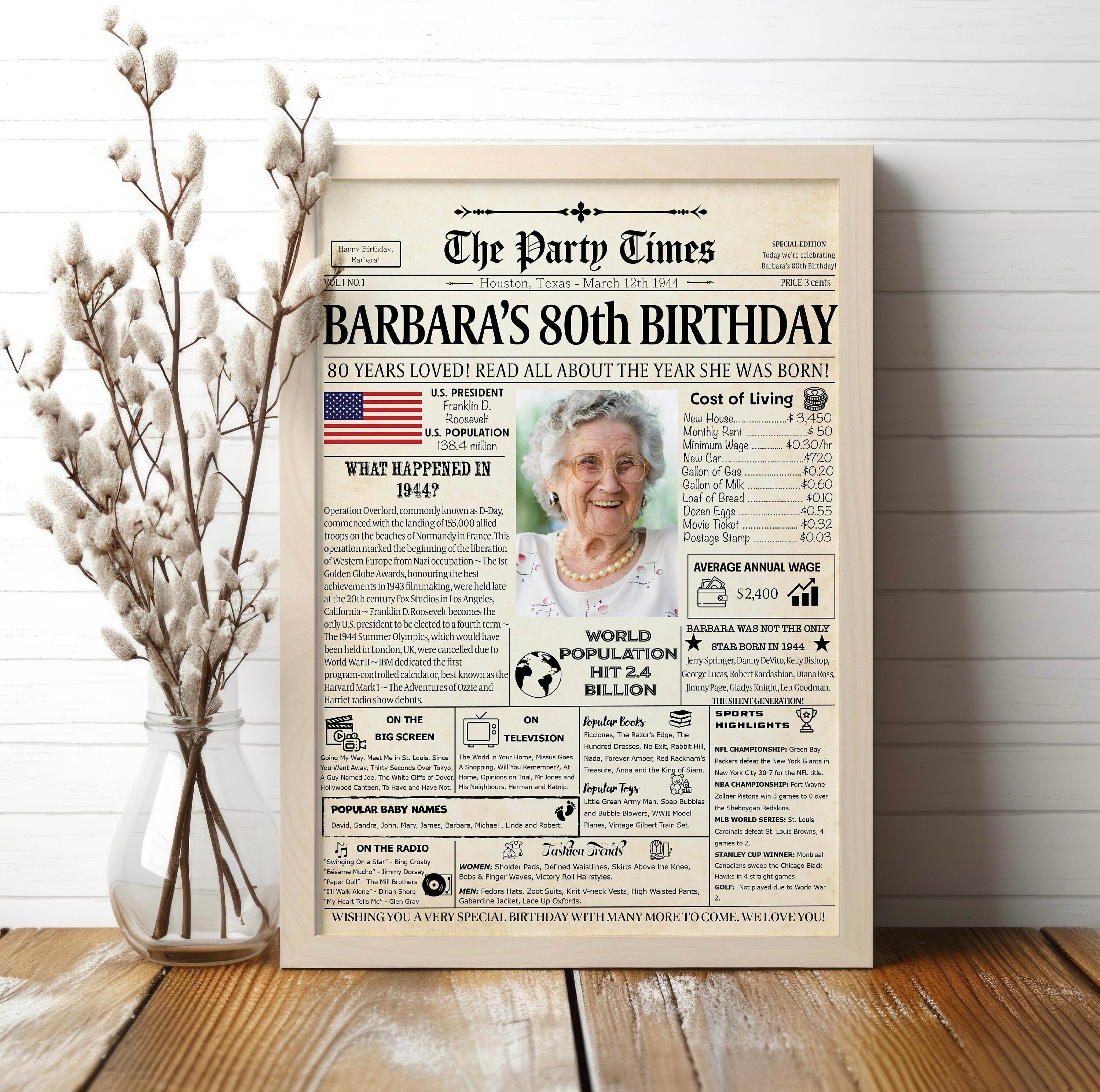 80th Birthday Newspaper Poster USA A4, Custom 80th Birthday Gift for ...