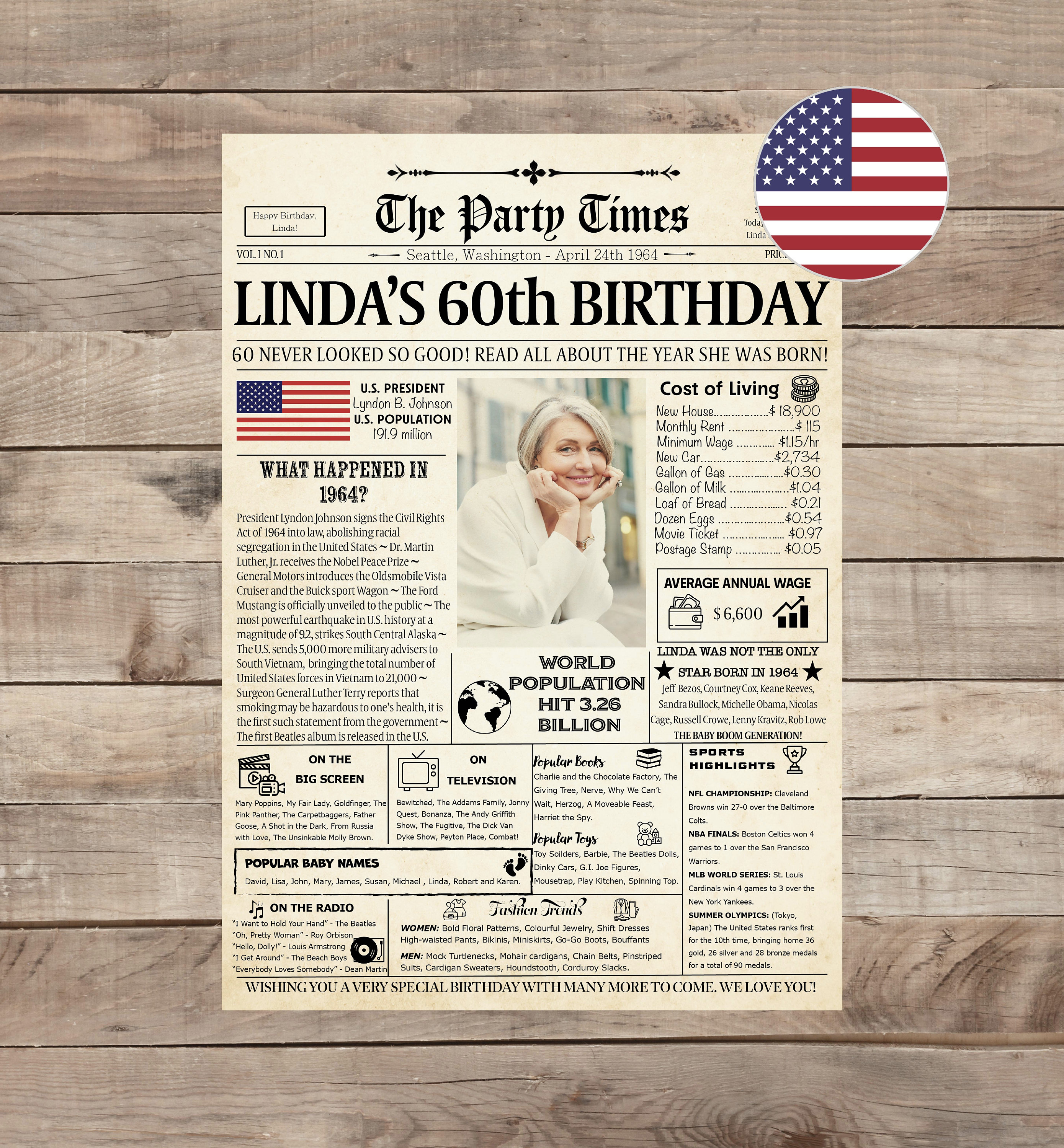 60th Birthday Newspaper Poster USA A4, Custom 60th Birthday Gift for ...