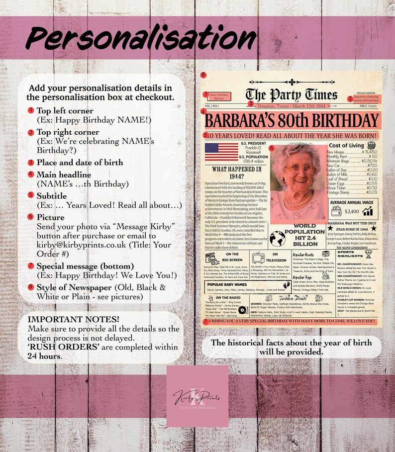 80th Birthday Newspaper Poster USA A4, Custom 80th Birthday Gift for ...