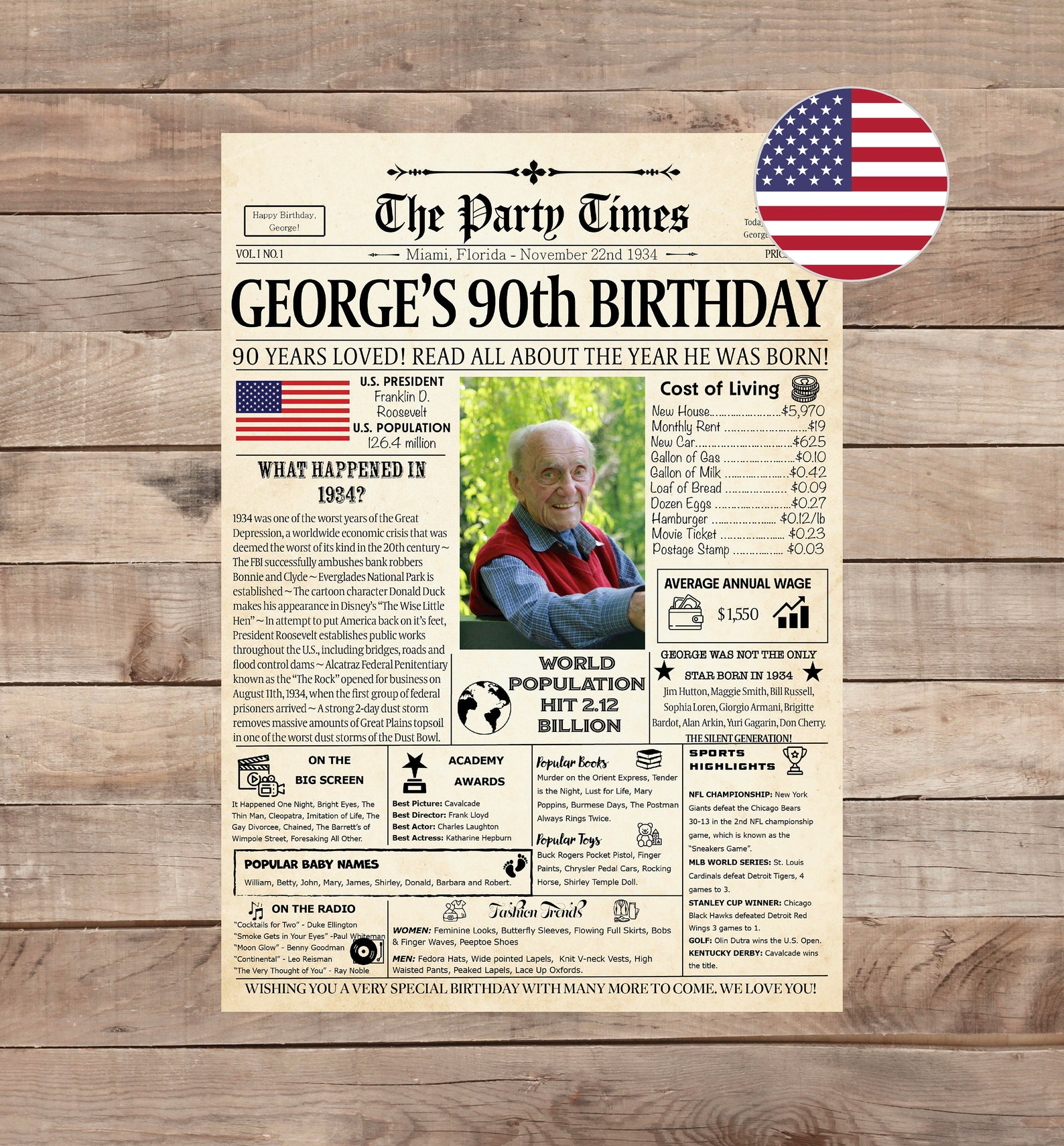 90th Birthday Newspaper Poster USA A4, Custom 90th Birthday Gift for ...