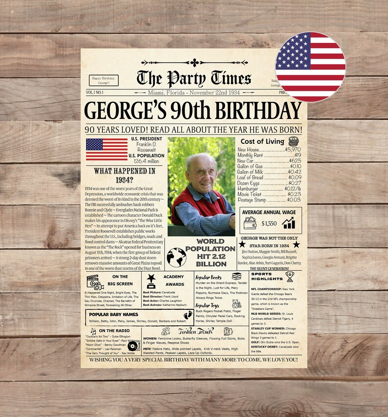 90th Birthday Newspaper Poster USA A4, Custom 90th Birthday Gift for ...