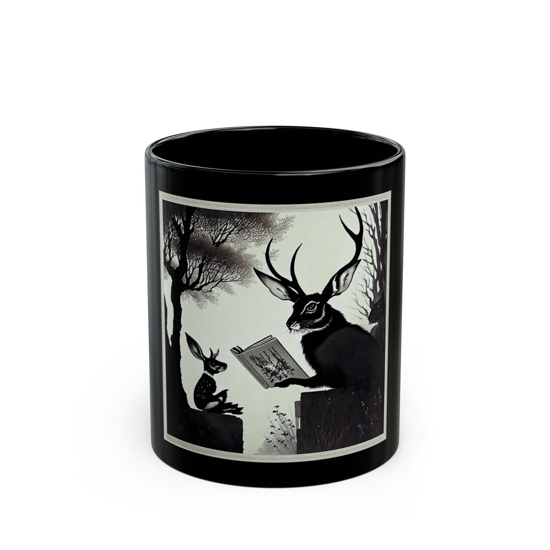 Jackalope Reading to Young Jackalope 11oz Black Ceramic Mug Mythical ...