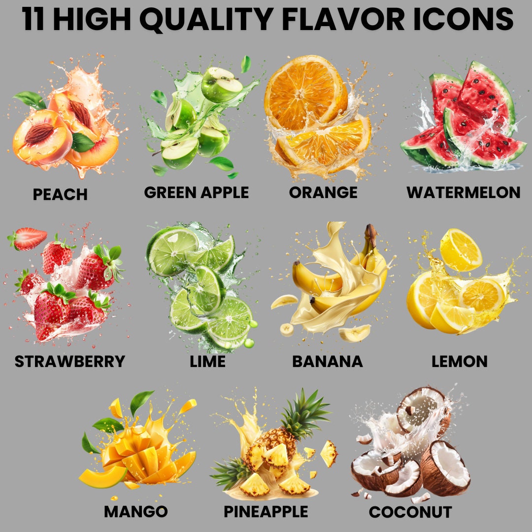 11 High Quality Flavor Icons, Green Apple, Peach, Lemon, Coconut, Mango ...